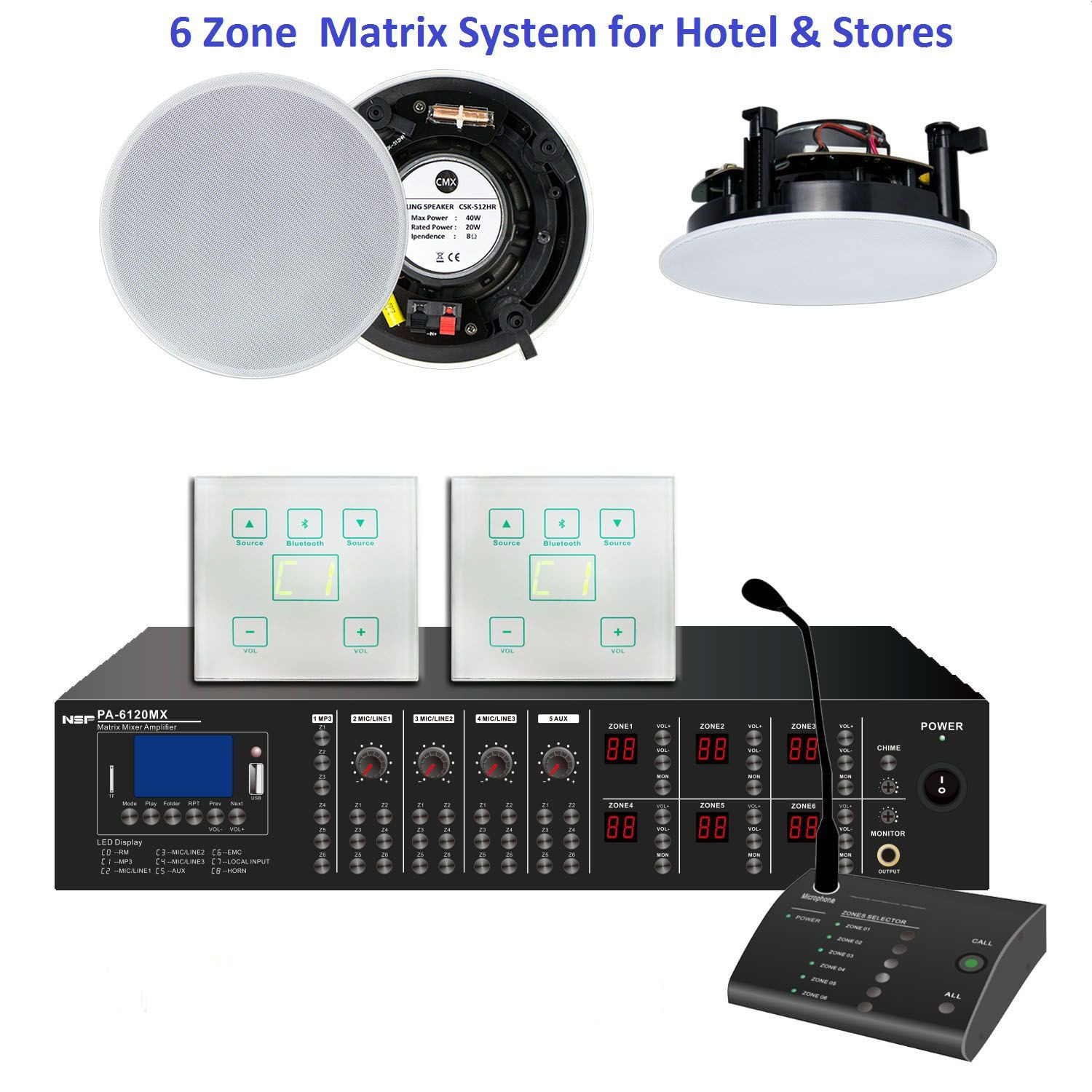 NA6-120MX series 6 Zone Mixer Amplifier with Audio Matrix / Mp3 / USB / FM / Bluetooth